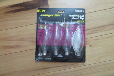 PHILLIPS 4 Pack Clear 25W Light Bulbs LONG LIFE Bent Tip Candelabra ...
