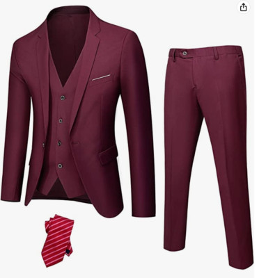LUPURTY Brick Red Men's Suit Slim Fit 3 Piece M 40R 34W Notch Lapel 1 ...