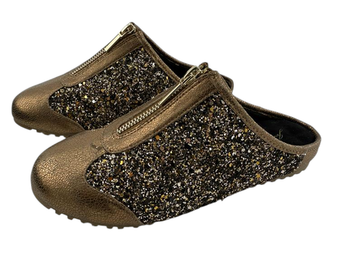 Joan Boyce NEW Gold Sparkle Zip Up Womens 7 Mules Clogs Slides Slip On ...