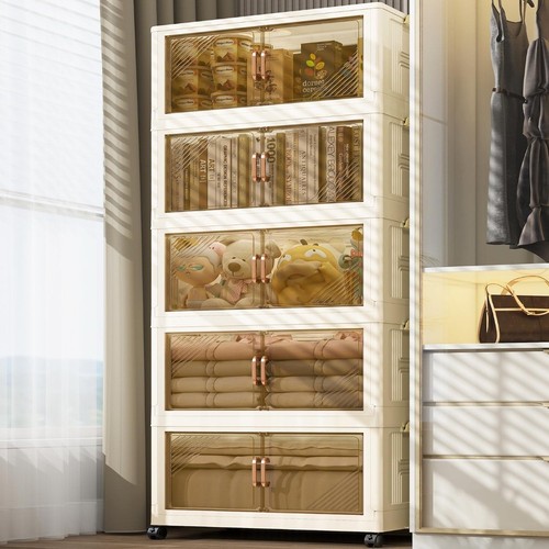 Storage Bins with Lid 5 Pack 30L Beige Stackable Plastic and Wheels ...