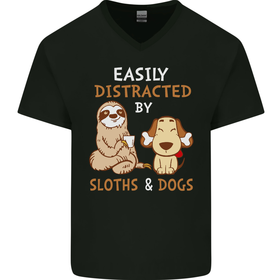 Easily Distracted Dogs & Sloths Funny ADHD Mens V-Neck Cotton T-Shirt ...