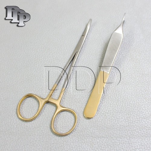 2 PCS GOLD HANDLE SUTURE KIT MOSQUITO CVD 5" + ADSON TISSUE FORCEPS ...