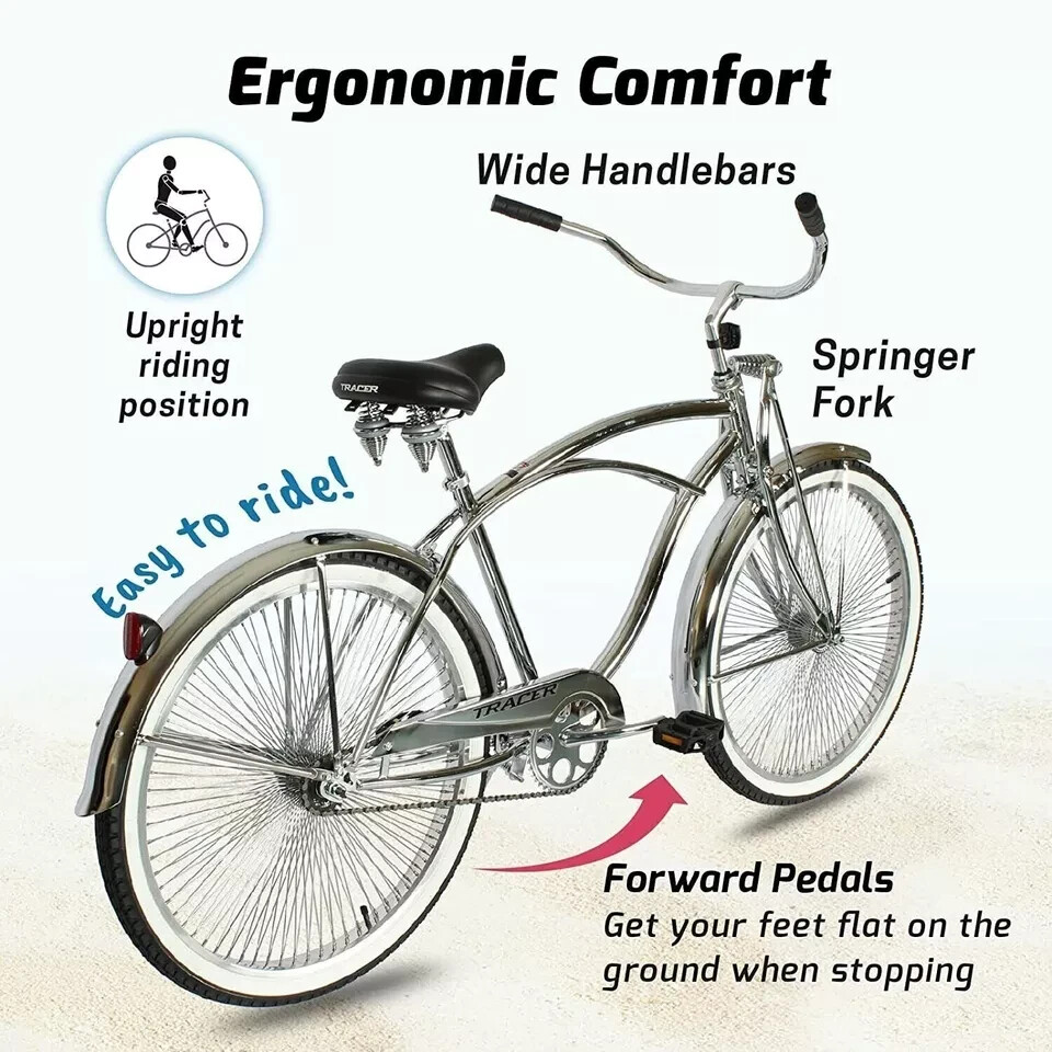 26" Chrome Beach Cruiser Bike Single Speed Moon Handlebars Springer ...