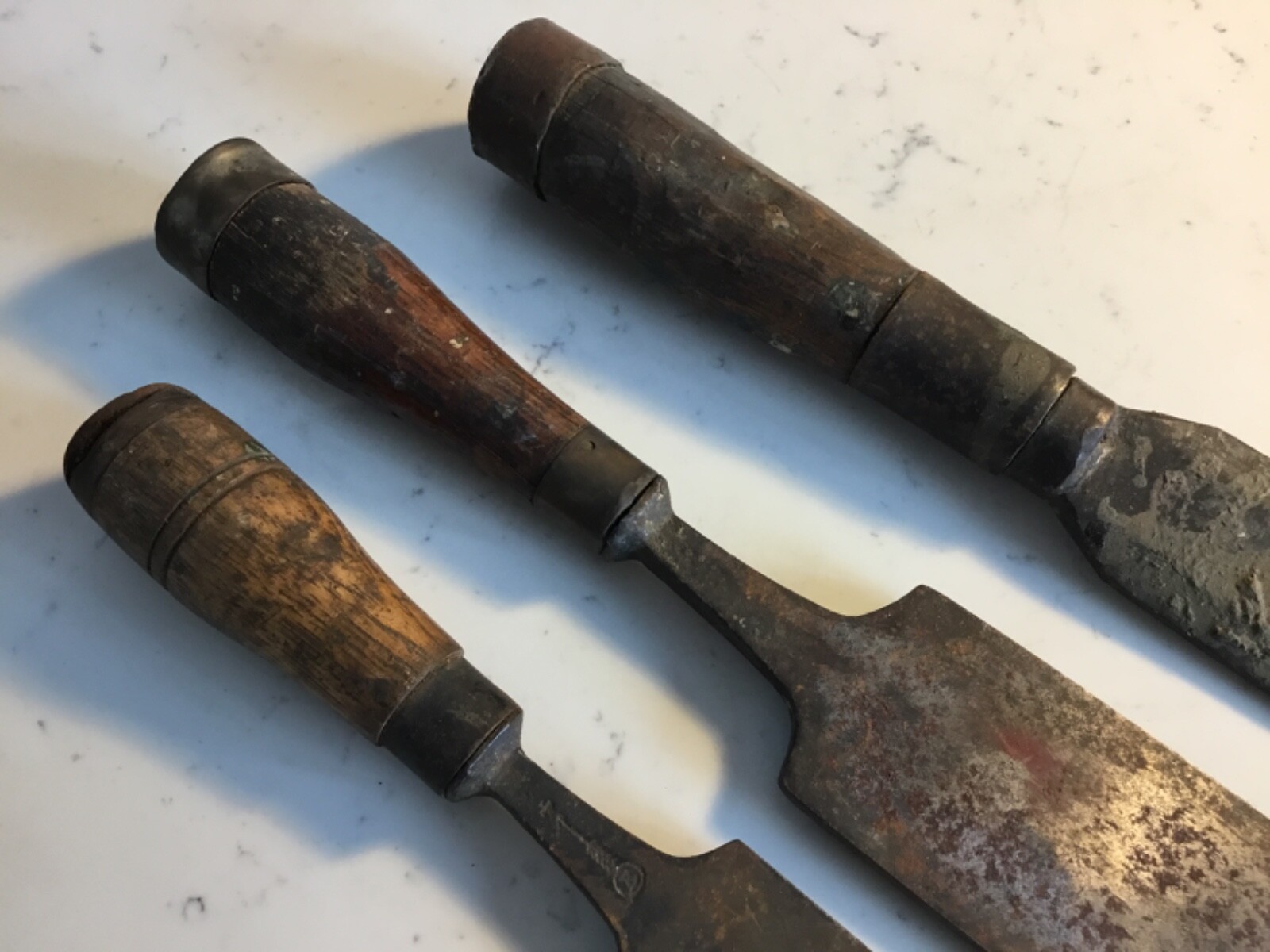RARE COLLECTION OF (3) ANTIQUE WOOD HANDLE SIGNED CHISELS MUST SEE NO ...