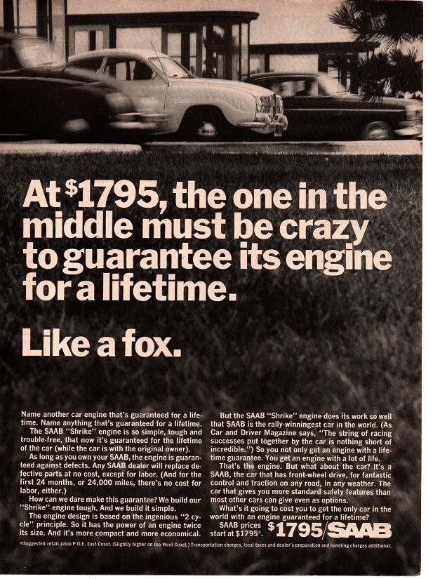 Set 2 Print Ad 1967 Saab 96 Shrike Engine Crazy to Guarantee Engine for ...