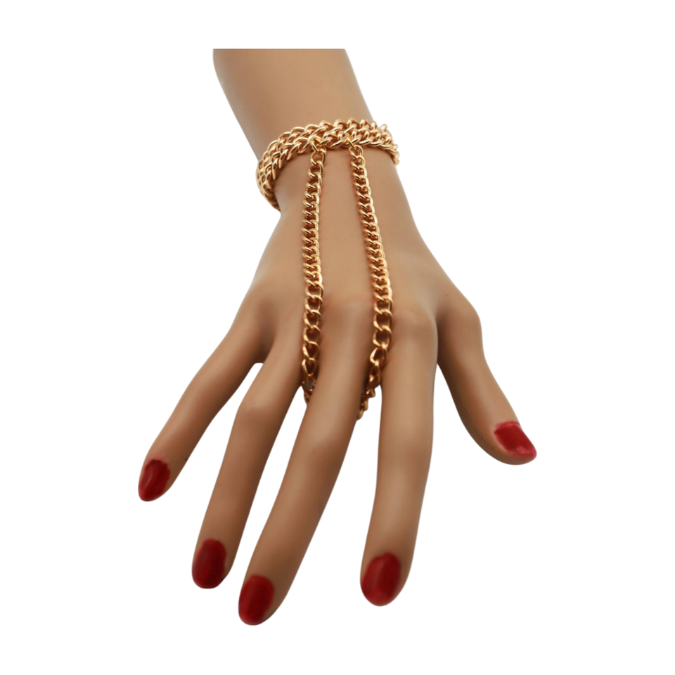 Women Gold Metal Chain 2 Rows Bracelet Connected Ring Day Night Stylish ...