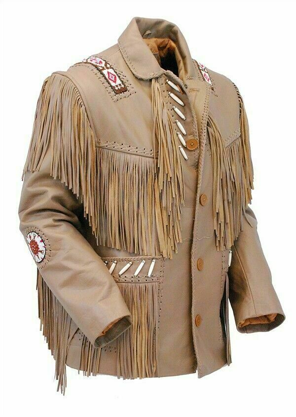 Men Native American Cowboy Western Cowhide Leather Jacket Coat Fringes ...
