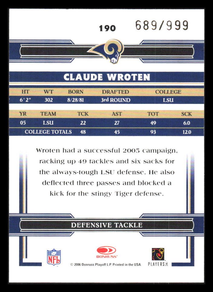 2006 Donruss Threads Claude Wroten #190 St. Louis Rams Football Card | eBay