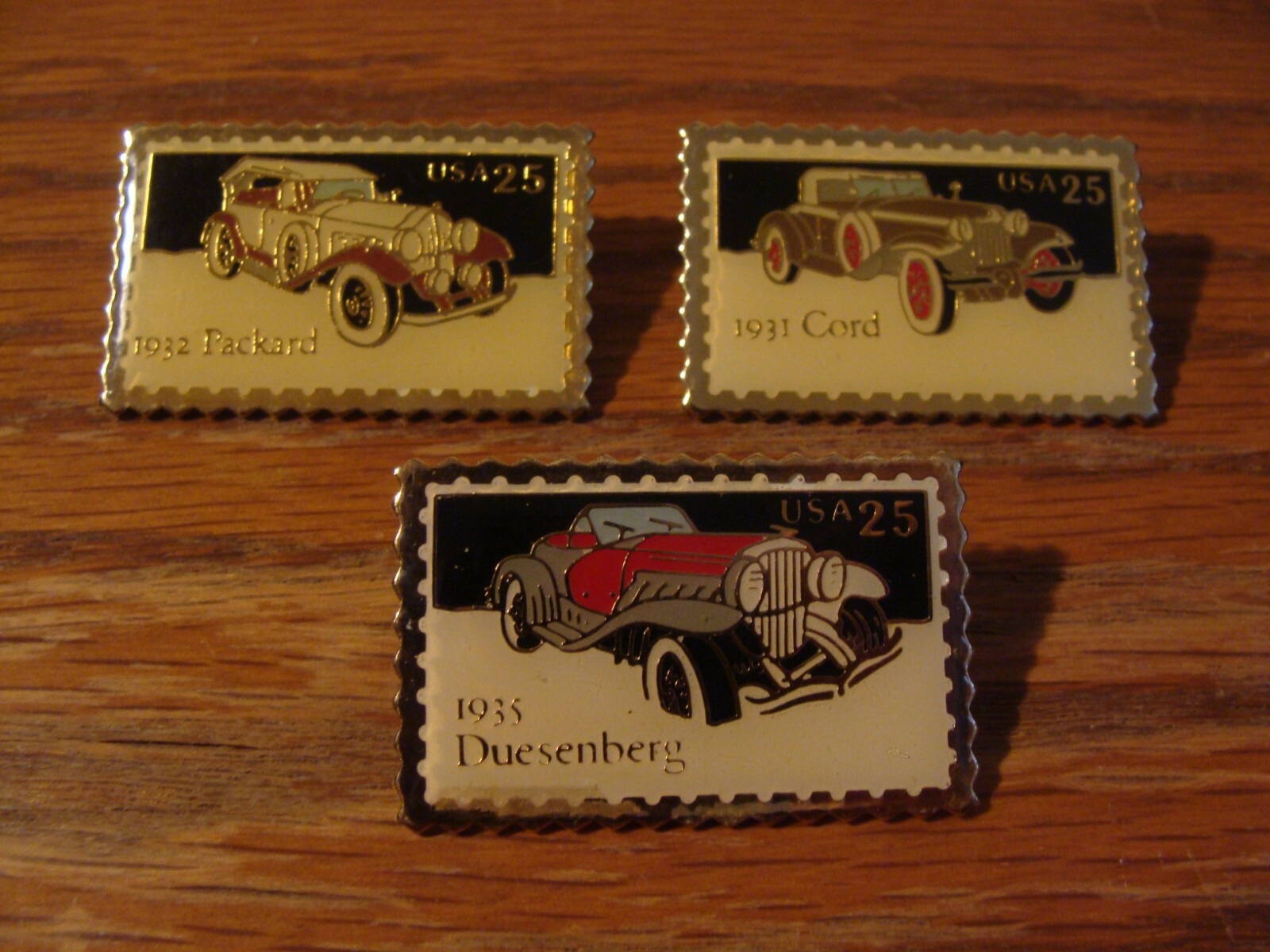 3 USPS CLASSIC AUTOS STAMP LAPEL PINS: 1931 CORD, 1932 PACKARD, 1935 ...