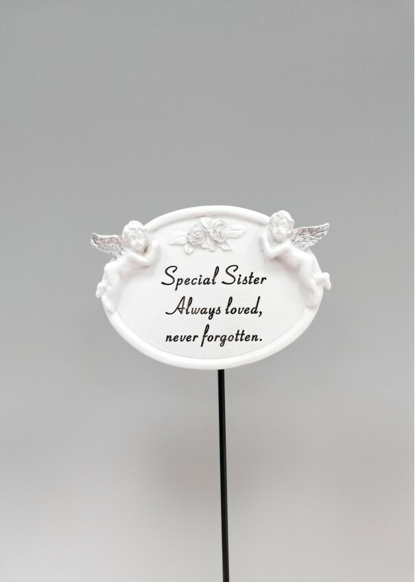 White Oval Cherub Plaque on Stick Grave Stone Decoration Tribute Memory ...