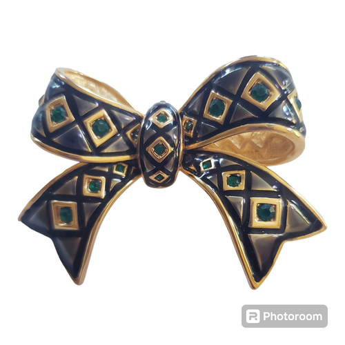 Joan Rivers Blue Black Enamel Green Rhinestone Bow Pin Brooch Signed 2 ...