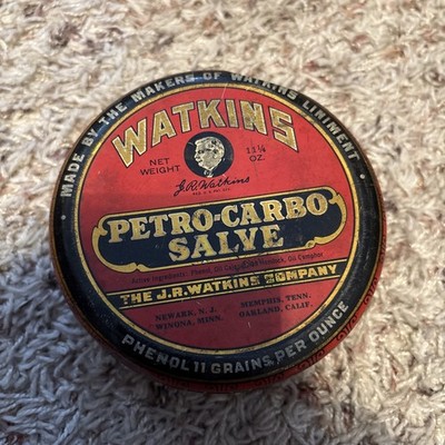 J.R. Watkins Petro Carbo First Aid Salve Tin 11.25 oz Advertising 30’s ...