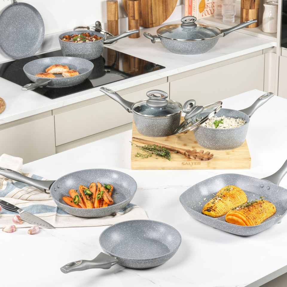 Salter Pan Set 4PC Cookware Set Fry Pan Saucepan Non-Stick Marblestone ...