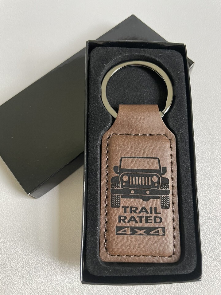 Trail Rated Keychain, PU Leather Brown and Black Laser Engraved 4X4 Key ...