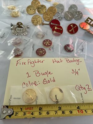 Firefighter Fire Department Hat Cap Badge Qty2 Gold Pins 1 Bugle New 3/ ...