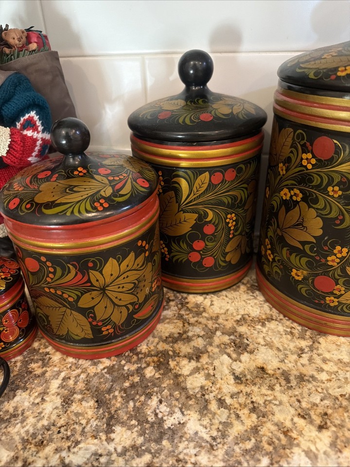 Vintage Russian Khokhloma Jar w/ Lid Hand Painted Lacquer Wooden ...