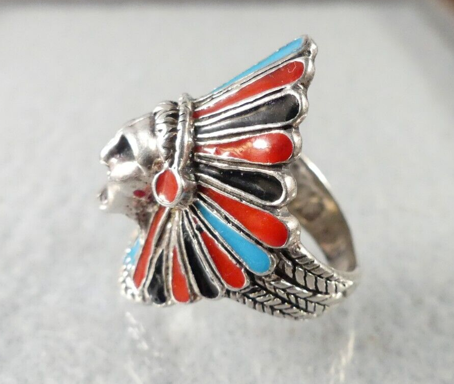 Sterling Silver 925 Enamel Red Blue Black Indian Chief Head Ring ...