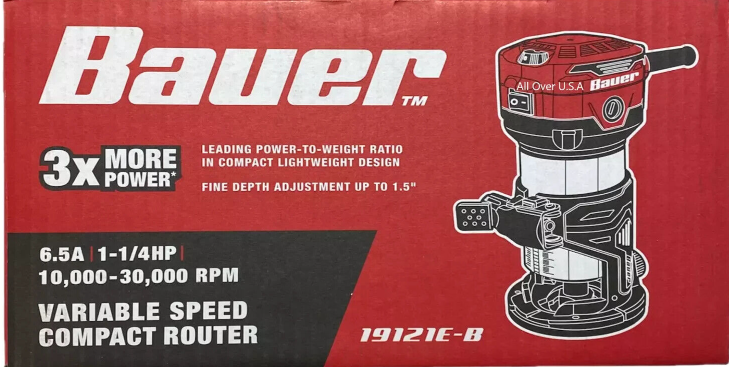 Bauer 1/4 HP Variable Speed Compact Trim Router 6.5 Amp Tool For Hard ...