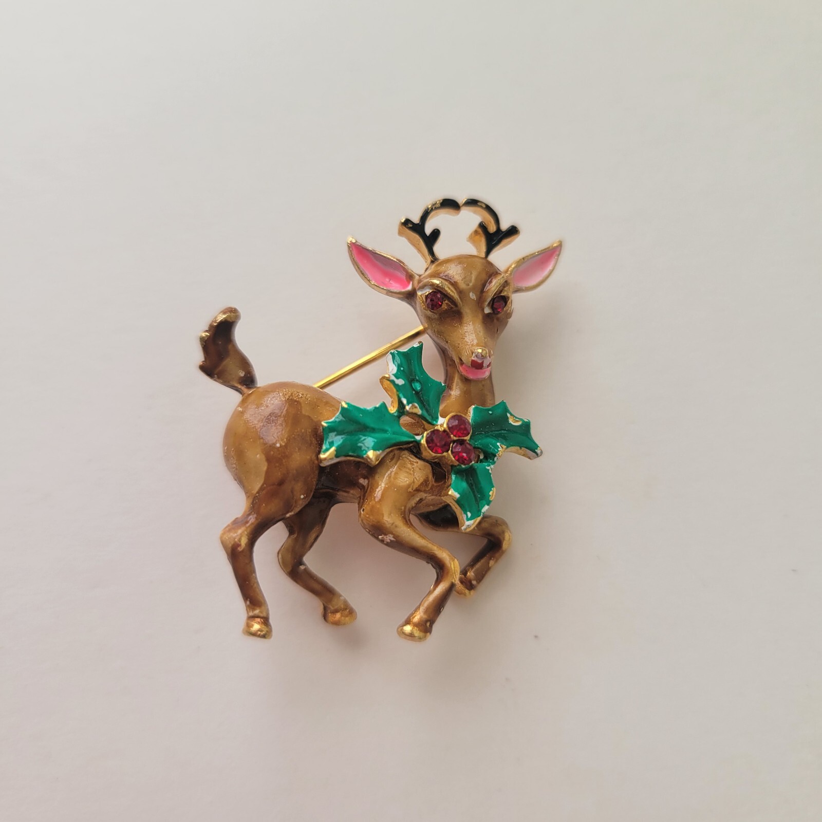 Vintage Christmas Reindeer brooch pin holiday Enamel Holy Berries | eBay