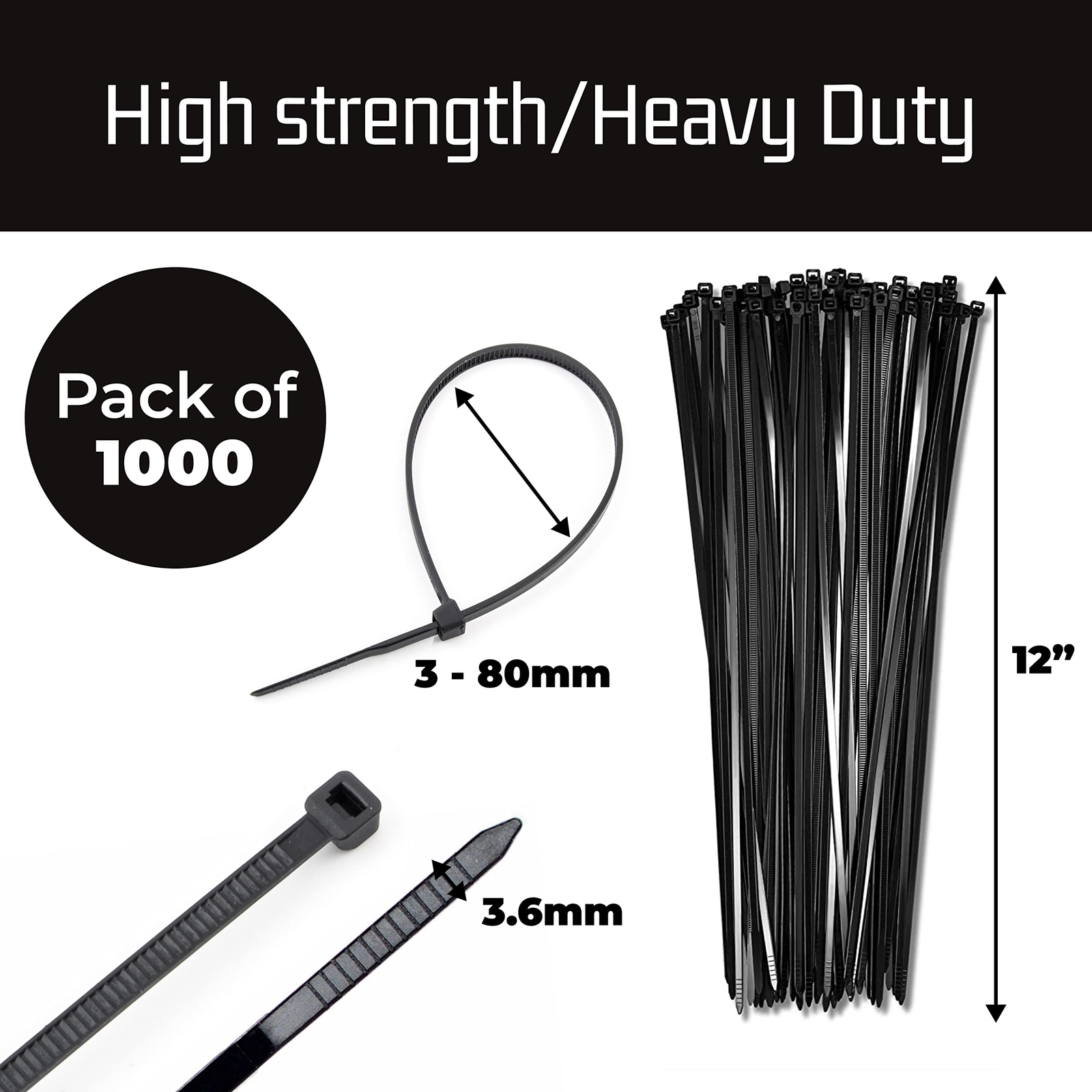 12" Black Zip Cable Ties (1000 Set), 40lbs Tensile Strength - Heavy Duty, Sel... | eBay
