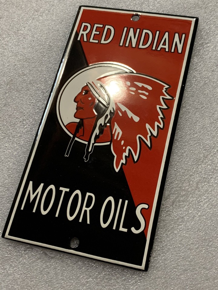 8 Inch Red Indian Gasoline Motor Oil PORCELAIN ENAMEL SIGN Oil Gas | eBay
