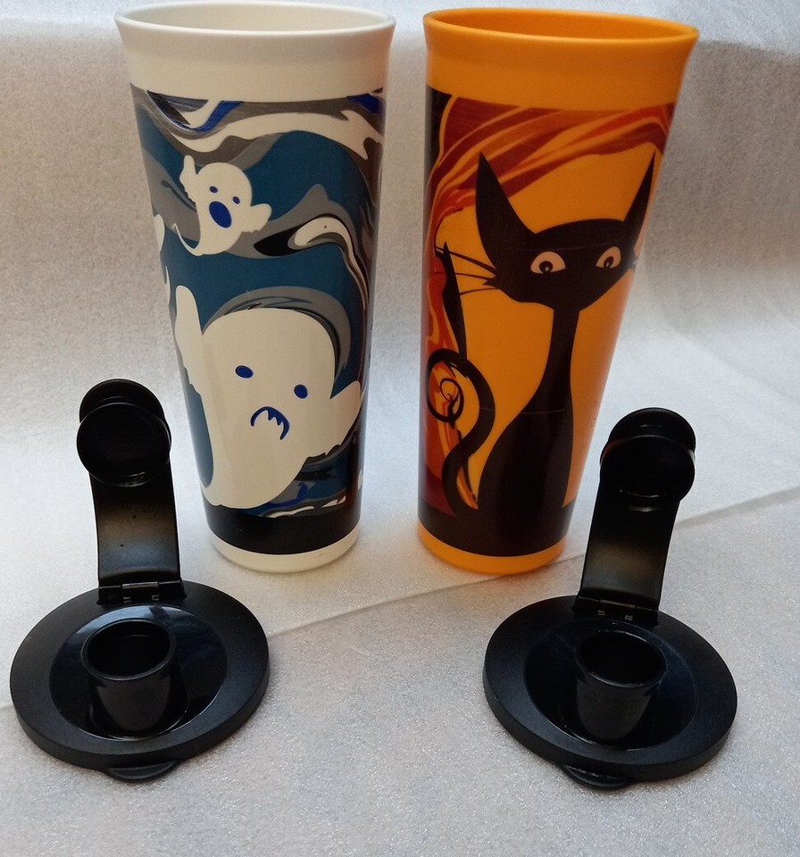 Tupperware 16 oz Halloween Cat & Ghost Tumblers with Flip Top Lid Seal ...