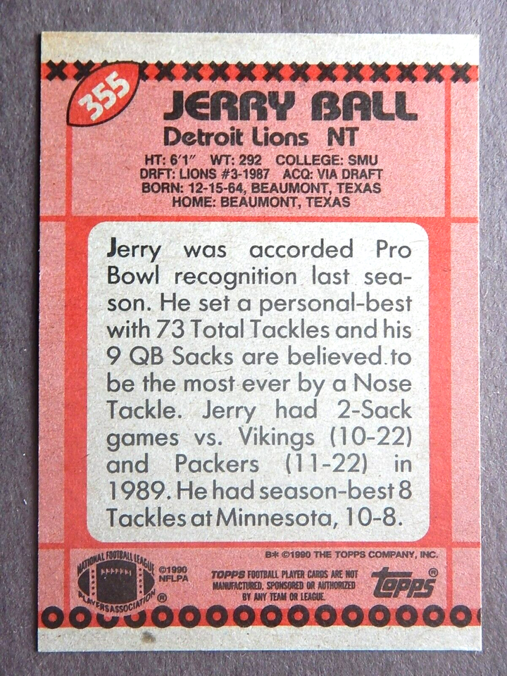 Jerry Ball #355 Topps 1990 Football Card (Detroit Lions)* | eBay