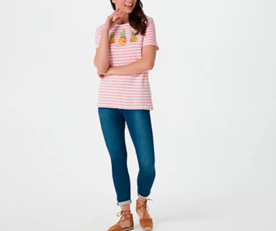 Quacker Factory - Striped Top w Summer Fun Embroidered Motifs - Coral ...