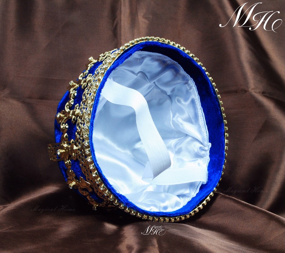 Blue Velvet Crown Imperial Medieval Tiara Diadem For Men Pageant Party ...