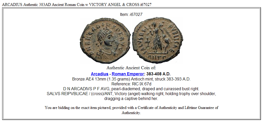 ARCADIUS Authentic 383AD Ancient Roman Coin w VICTORY ANGEL & CROSS ...
