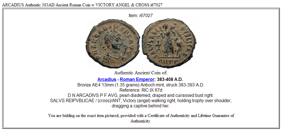 ARCADIUS Authentic 383AD Ancient Roman Coin w VICTORY ANGEL & CROSS ...