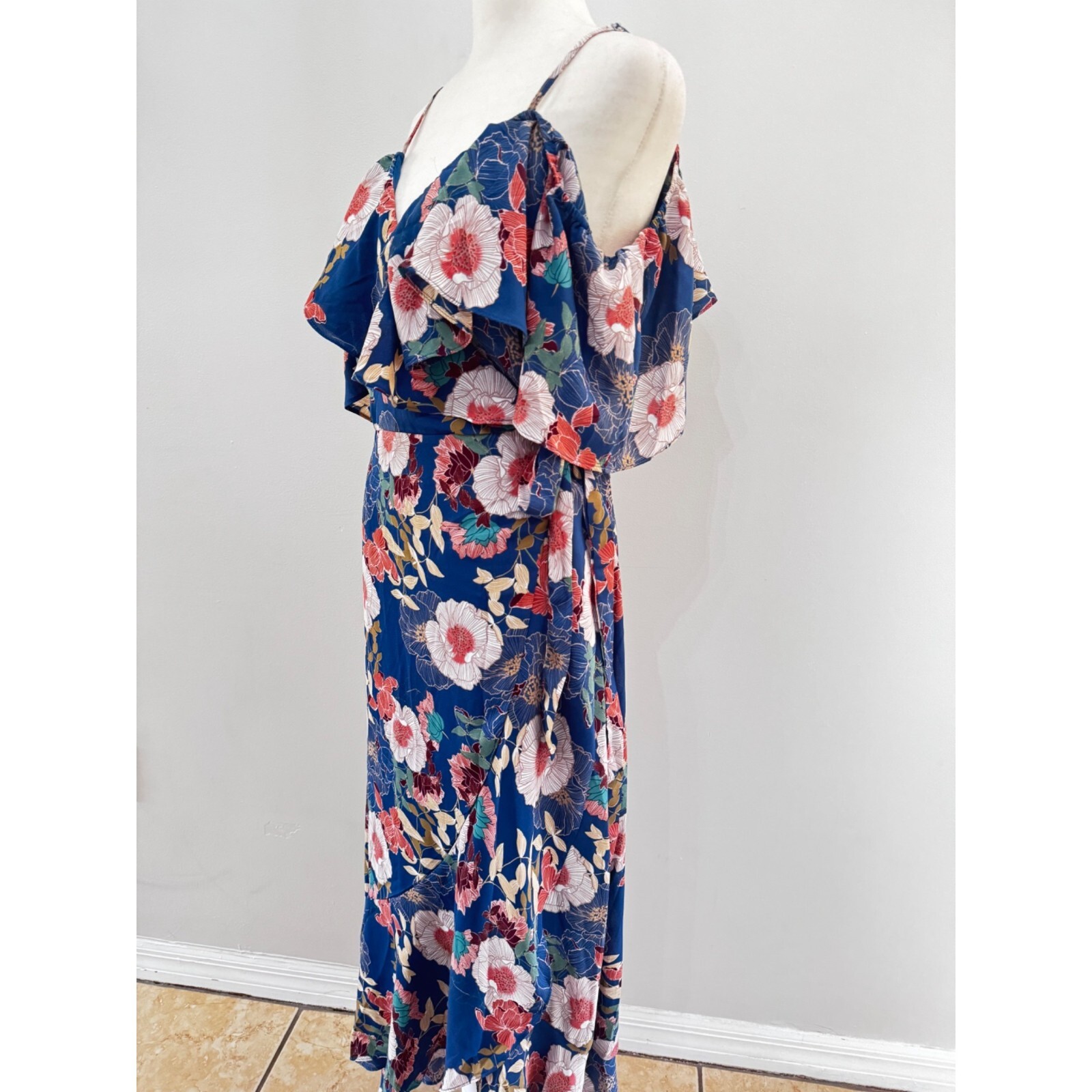 Fully Bloomed Lulus Blue Floral Print Off-the-Shoulder Maxi Wrap Dress ...