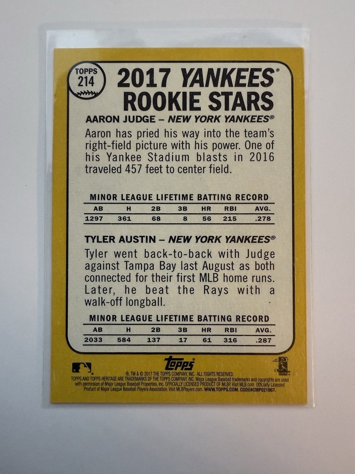 2017 Topps Heritage - Rookie Stars Aaron Judge, Tyler Austin #214 (RC ...