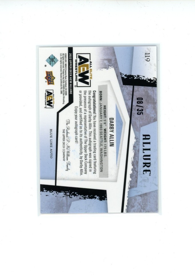 2022 Upper Deck Allure AEW Darby Allin #119 Horizontal Blue Line Auto 8 ...