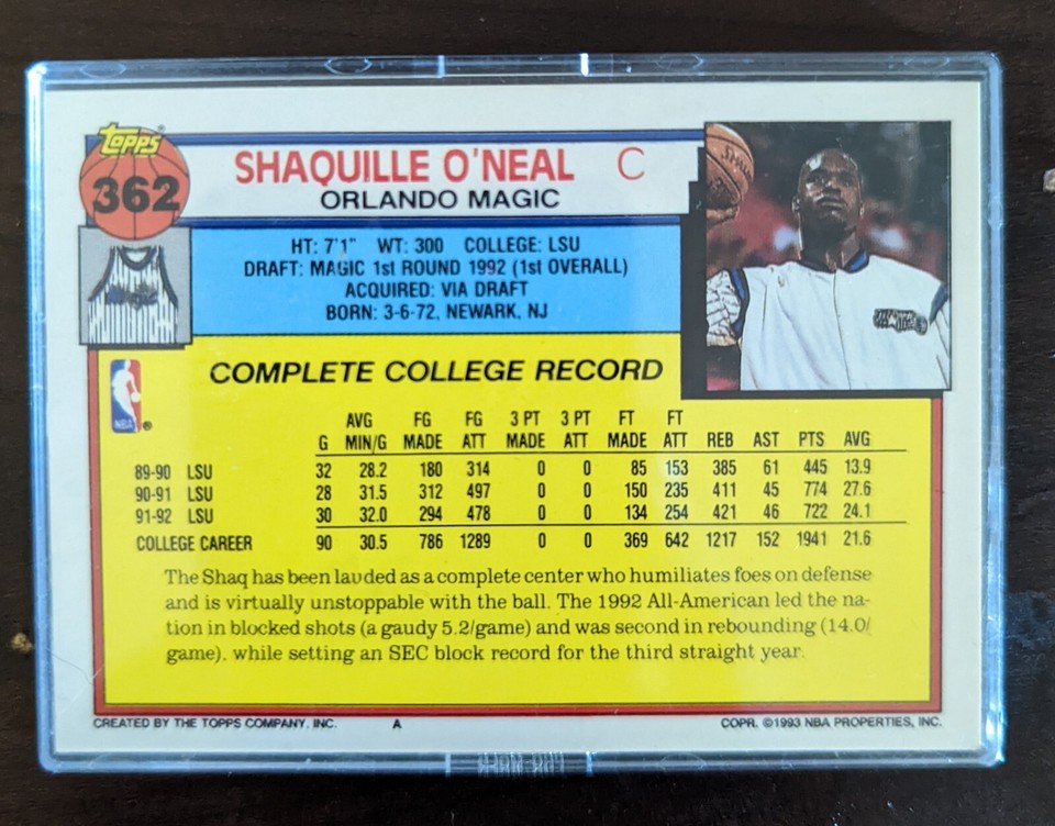Shaquille O'Neal Shaq Topps #362 Rookie card 92 Draft Pick RC Orlando ...