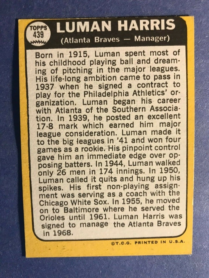 SIGNED LUMAN (LUM) HARRIS 1968 TOPPS BASEBALL CARD - BRAVES | eBay