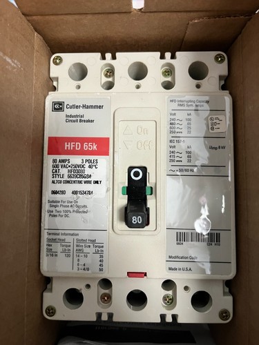 Eaton HFD3080 3-Pole 80 Amp 600 Volt AC 250 Volt DC Molded Case Circuit ...