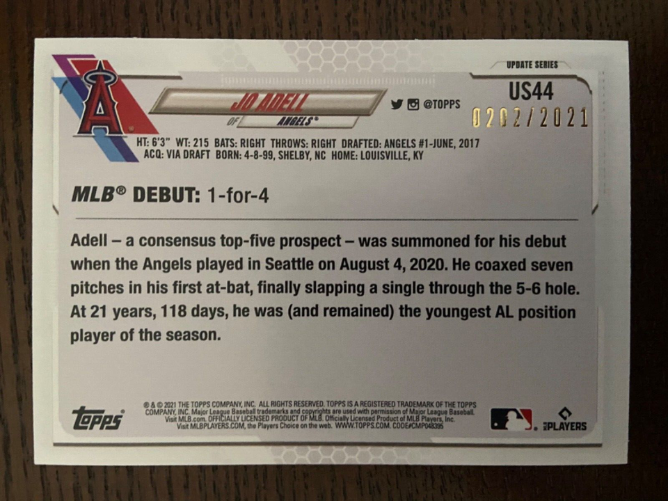 2021 Topps Jo Adell Gold Rookie Card #US44 SP #202/2021 - Los Angeles ...