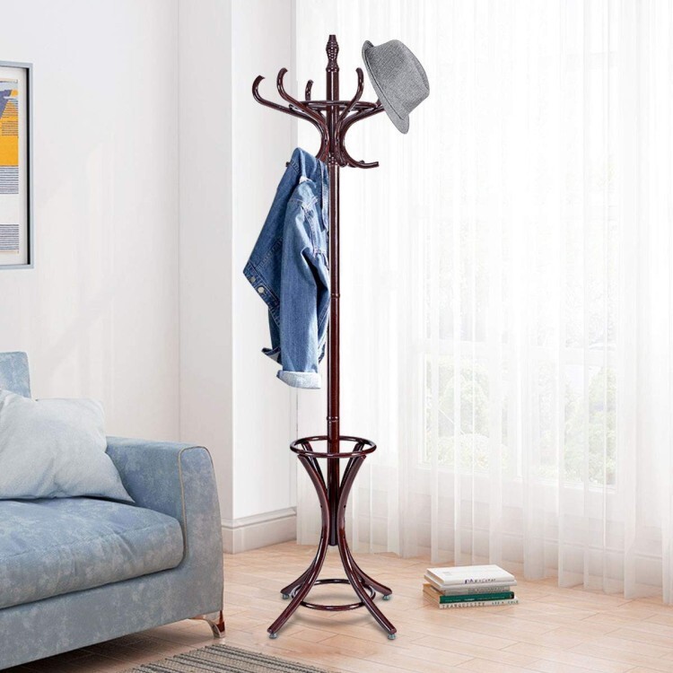 Wooden Standing Hat Coat Rack Tree Bag Hanger Tree 12 Hook Umbrella ...