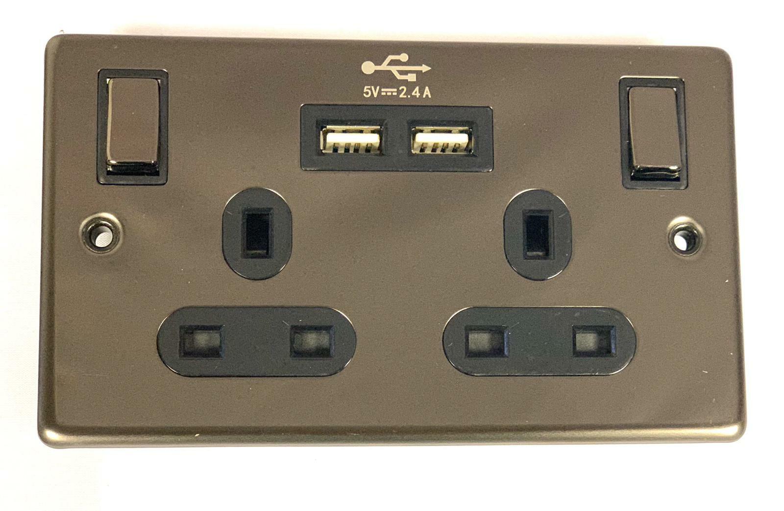 Double Wall Plug Socket 2 Gang 13A with 2 USB Ports W/2 Screws Slim ...