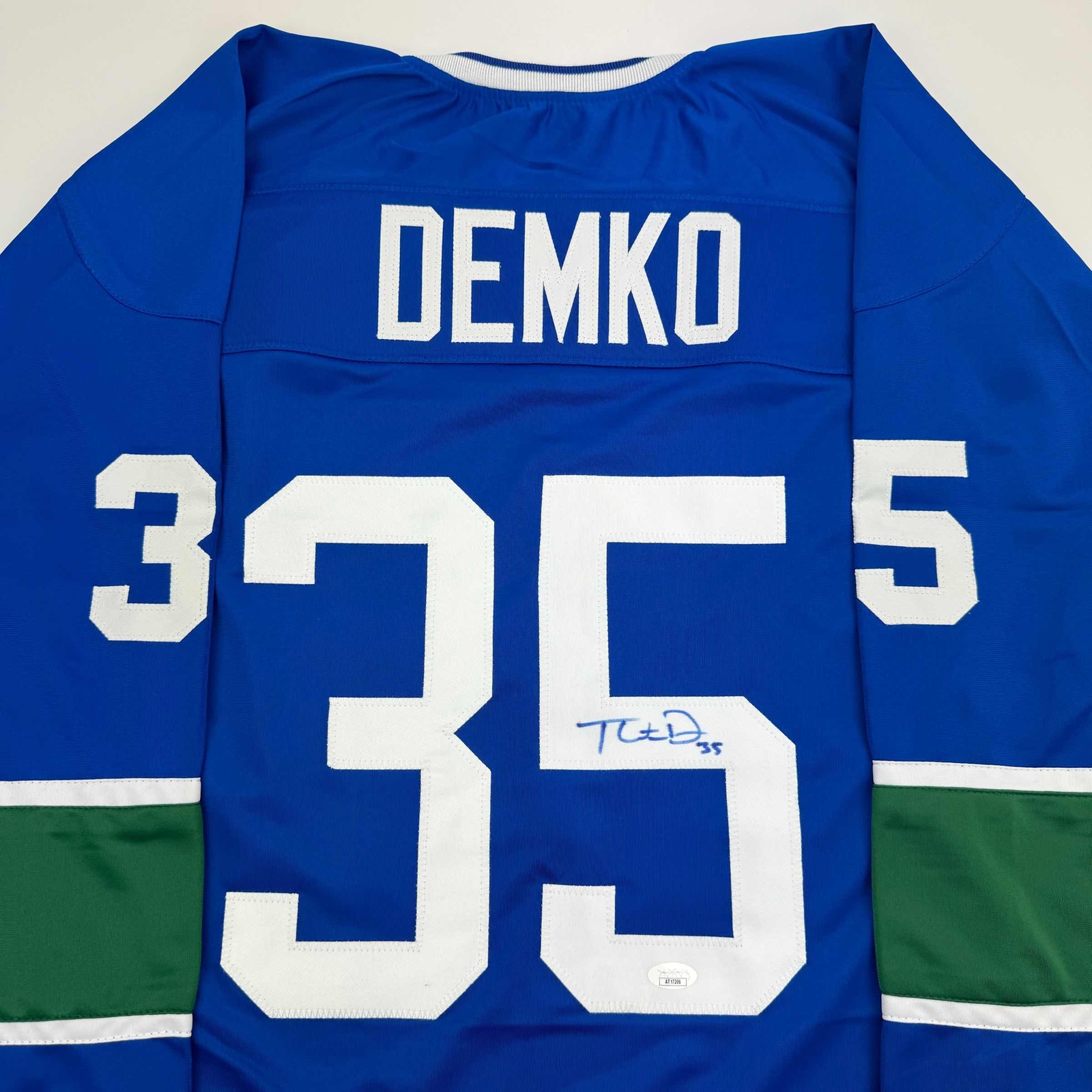 Autographed/Signed Thatcher Demko Vancouver Blue Hockey Jersey JSA COA ...