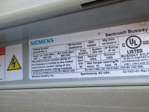 Siemens SX404A10PL10 SENTRON Bus Duct 400 Amp 600V 3PH4W 10' -WARRANTY ...