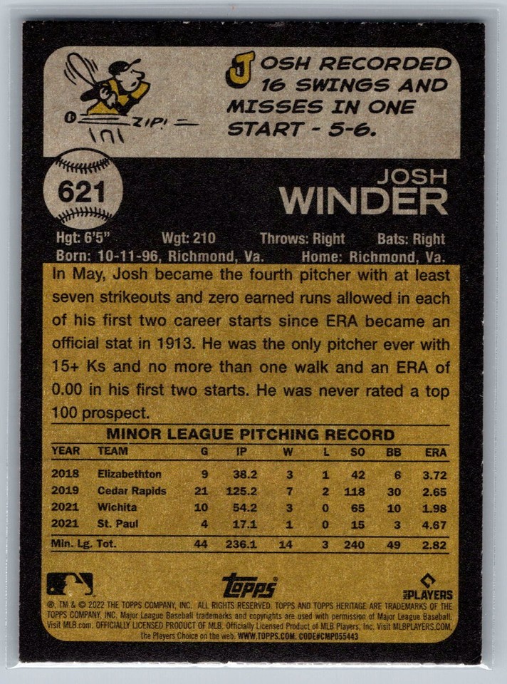 2022 Topps Heritage Baseball #621 Josh Winder RC Minnesota Twins | eBay