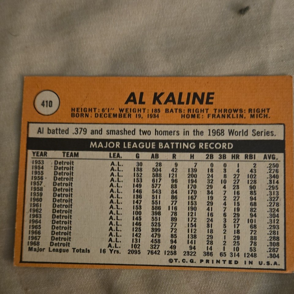 Topps 1969 Al Kaline Detroit Tigers #410 Base Set Baseball Card | eBay