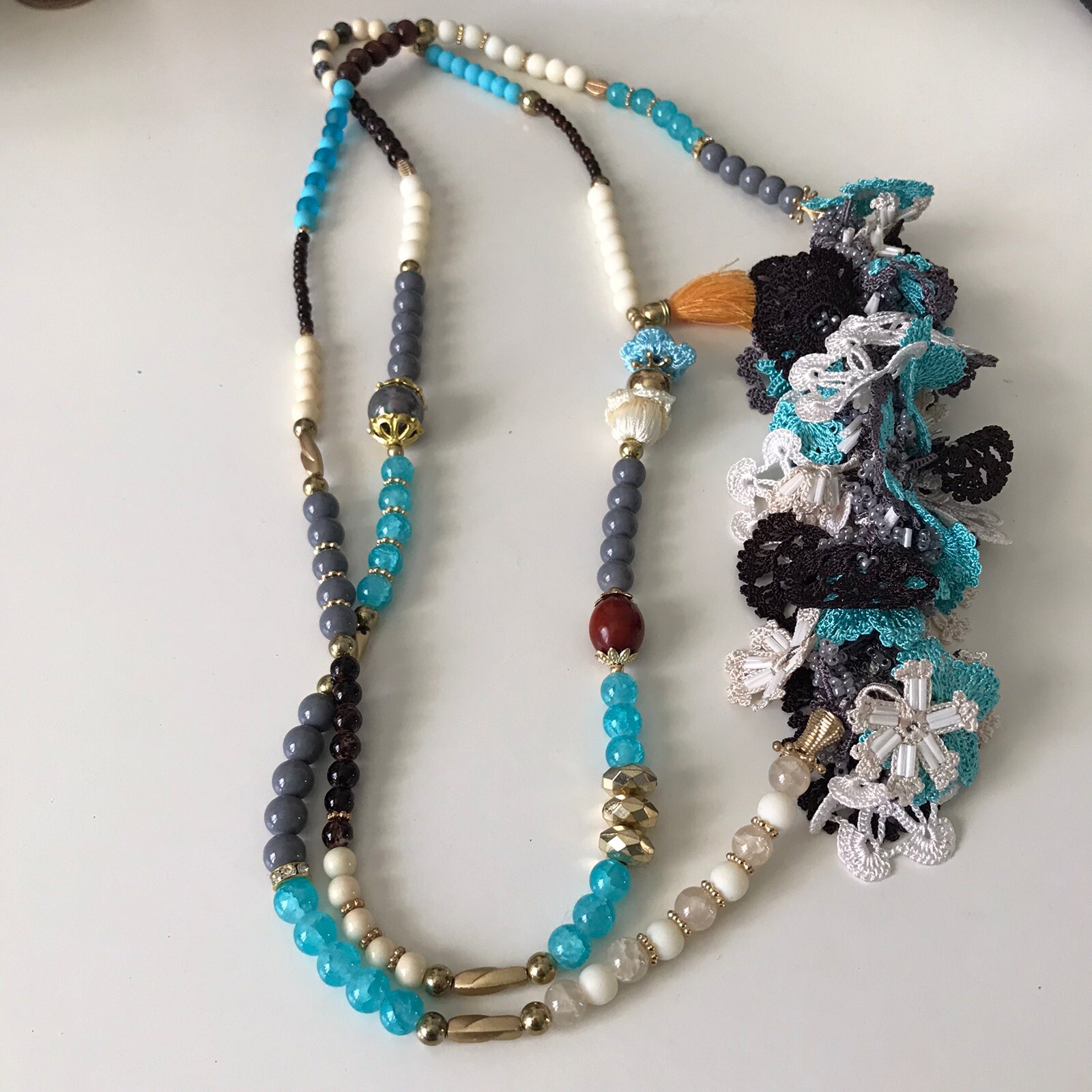 Blue Brown Crochet Choker, Crochet Collar, Boho Circle Necklace, Oya ...