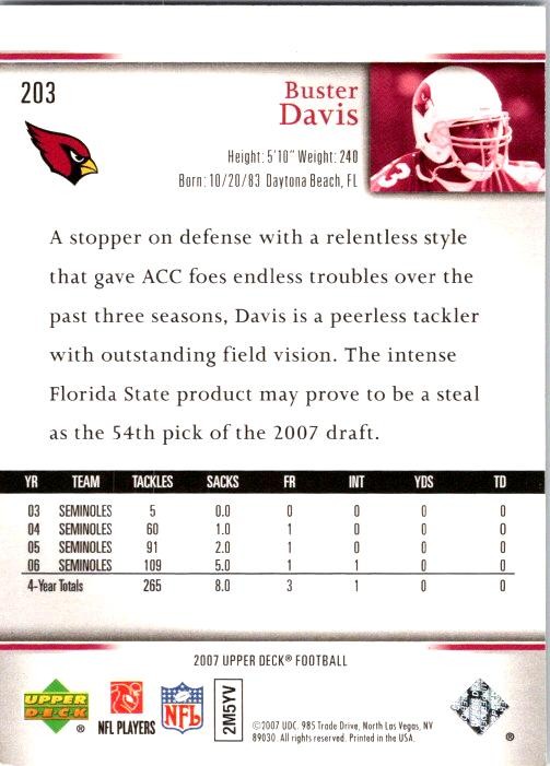 2007 Upper Deck Buster Davis Rookie #203 Arizona Cardinals | eBay