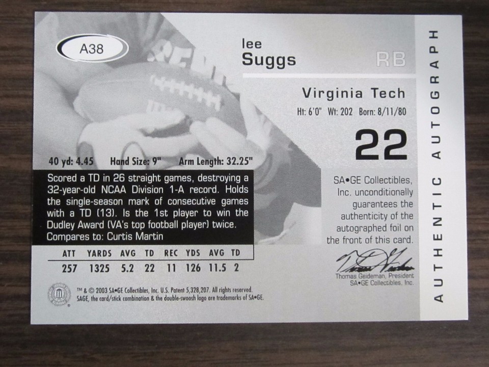 2003 Sage Lee Suggs Autograph Card B8 Virginia Tech / Browns #91 / #355 ...