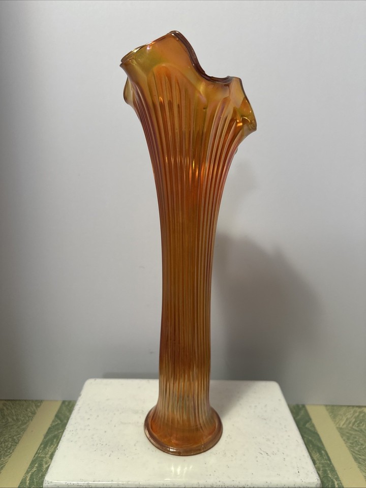 Vtg Fenton Marigold Iridescent Fine Rib Swung Vase Carnival Glass Hand ...