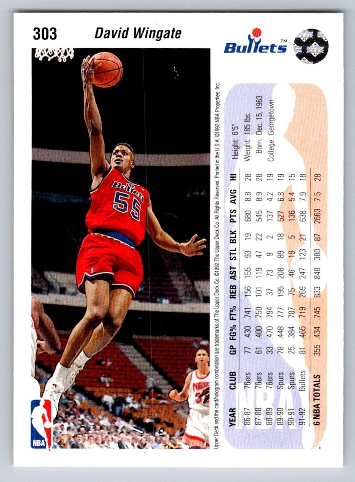#303 David Wingate Washington Bullets sports Upper Deck 1992 | eBay