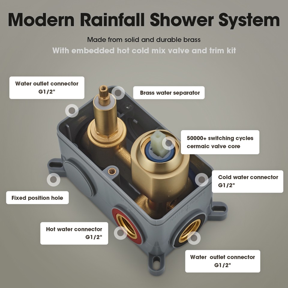 Bathroom Brass Rainfall Shower Mixer Set Shower Valve Bath Taps Faucet ...